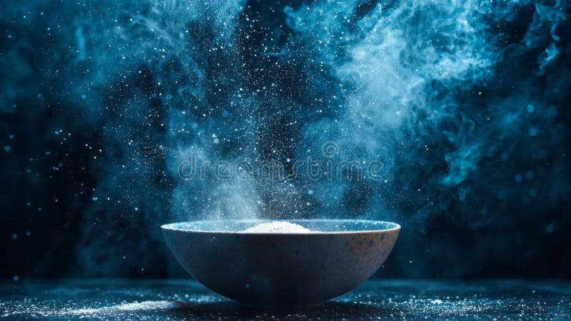 Blue Ceramic Bowl with Floating Powdered Particles Stock Image - Image ...
