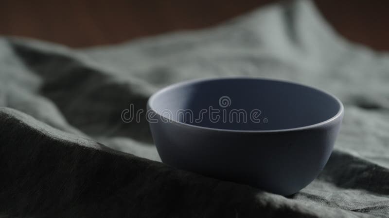 Blue Ceramic Bowl on Linen Cloth Closeup Stock Image - Image of cloth ...