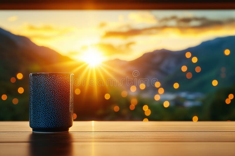 Blue Ceramic Cup Sits on Wooden Table, with Stunning Sunset in ...