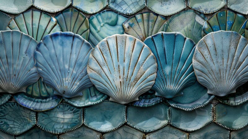 Blue Ceramic Shell Tiles in Overlapping Pattern Stock Illustration ...
