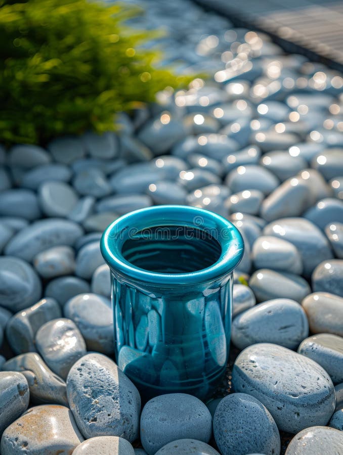 A Blue Ceramic Vase on a Bed of Smooth Pebbles with Sunlight Reflecting ...