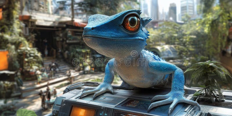 Blue CGI Lizard on Tech Device, Futuristic City Background Advanced ...