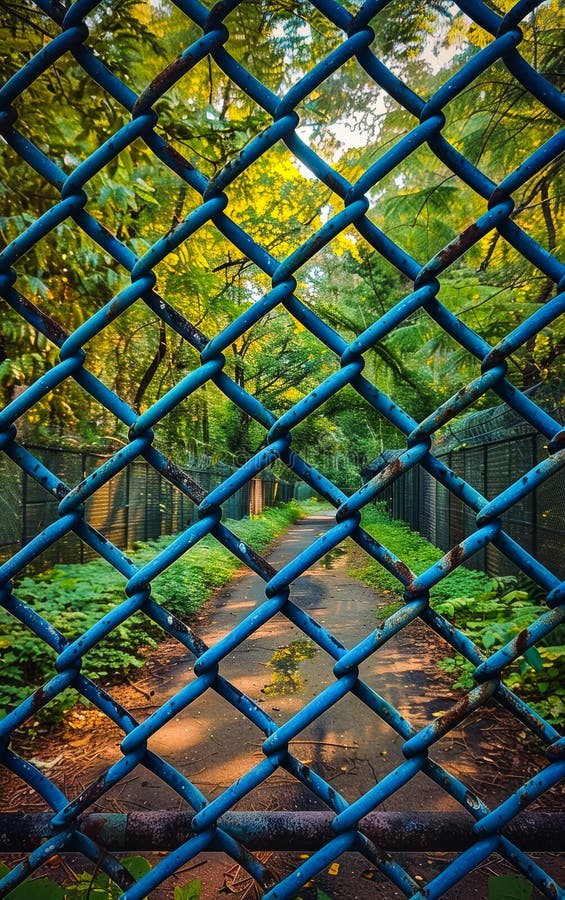 A Blue Chain Link Fence with a Path in between Stock Image - Image of ...