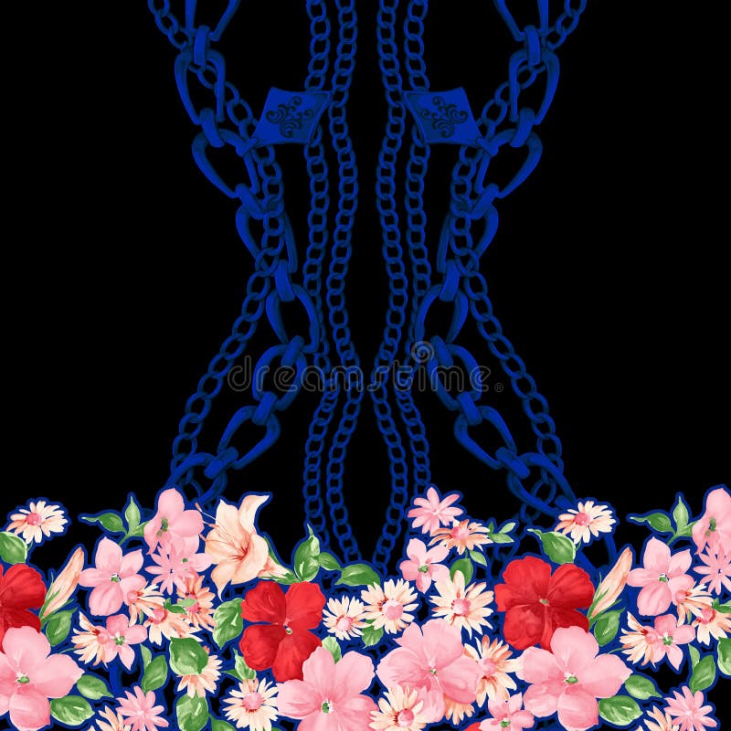 Blue Chains with Flowers Ready for Textile Prints. Stock Illustration ...