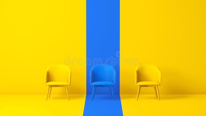 Blue Chair on a Blue Background and Two Yellow Chairs on a Yellow ...