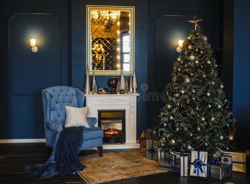 Blue Chair, Fireplace, Christmas Tree with Gifts Stock Image - Image of ...