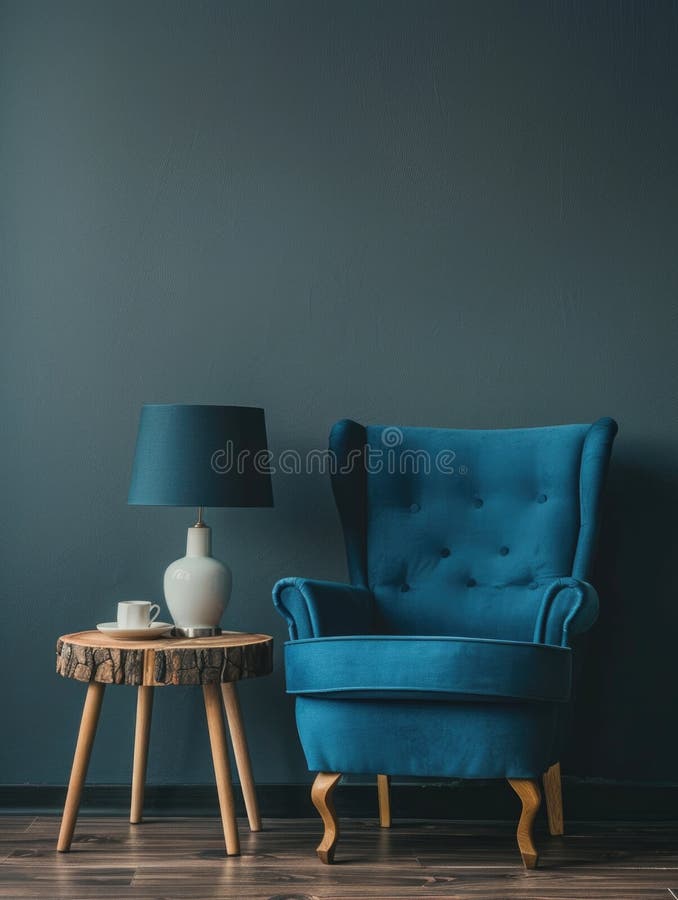 A Blue Chair Next To a Table with a Lamp Stock Image - Image of room ...