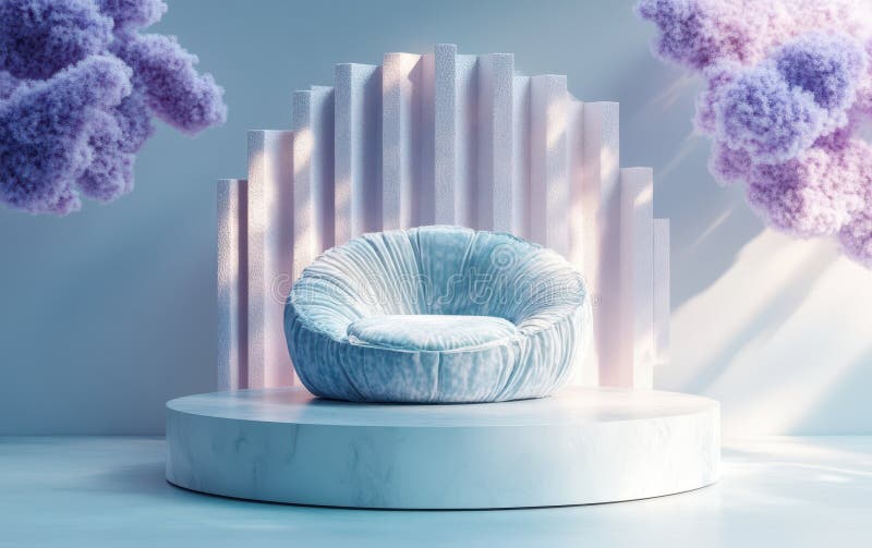 A Blue Chair Rests on a White Platform Against a Wall Backdrop. Stock ...