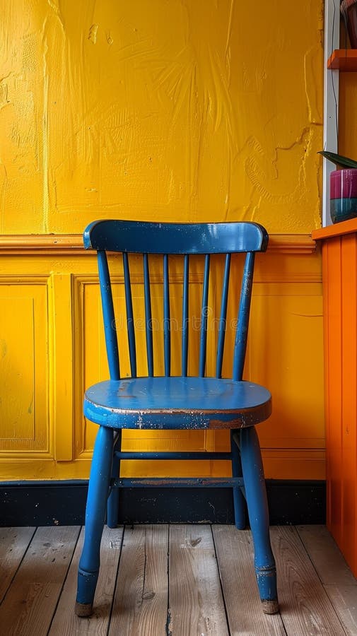 A Blue Chair Sitting in Front of a Yellow Wall, AI Stock Illustration ...
