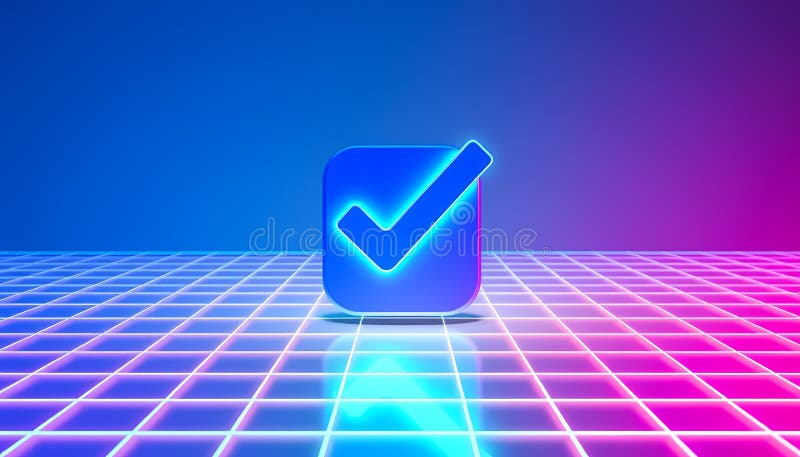 Blue Check Mark on Neon Grid Stock Illustration - Illustration of ...