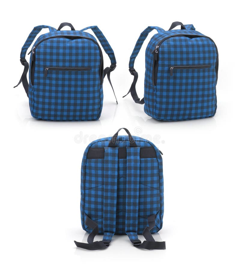 Blue Checkered Backpack Isolated on White with Different Angle Stock ...