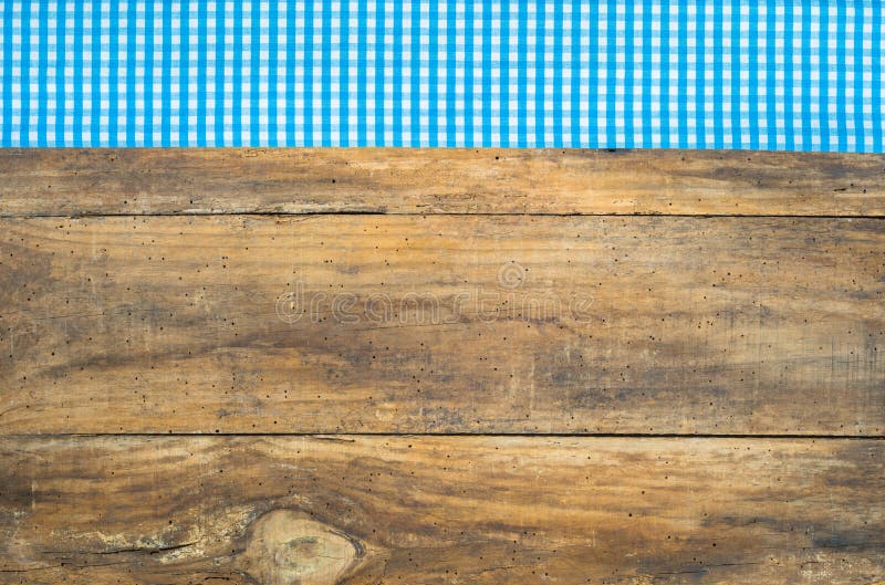 Blue Checkered Tablecloth on Rustic Wooden Table. Stock Image - Image ...