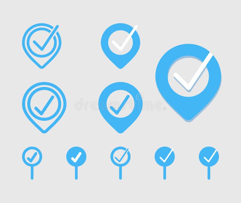 Blue Checkmark Location Pin Icons Flat Minimal Style Vector Symbol Set ...