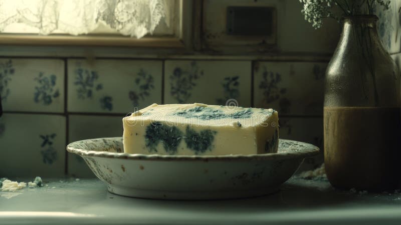 Blue Cheese Block in an Old, Porcelain Dish Stock Illustration ...
