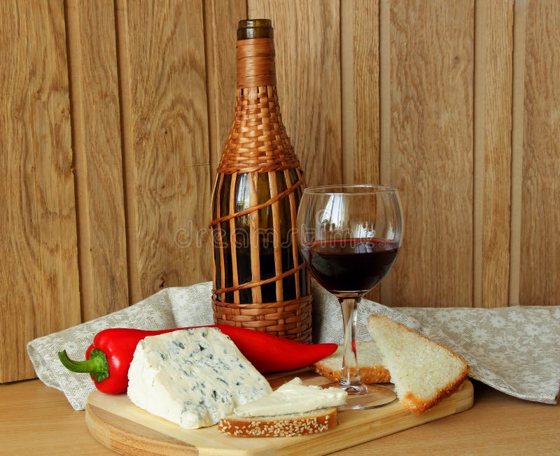 Blue Cheese, a Bottle and a Glass of Wine Stock Image - Image of bread ...