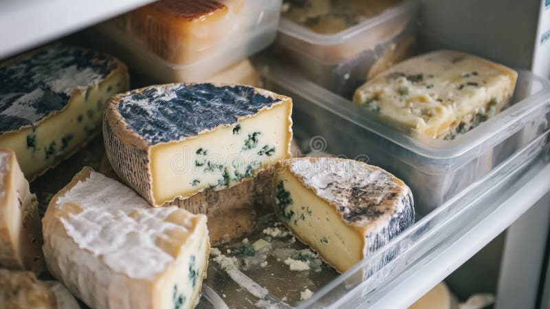 Blue Cheese and Other Cheeses Stored in a Refrigerator Stock ...