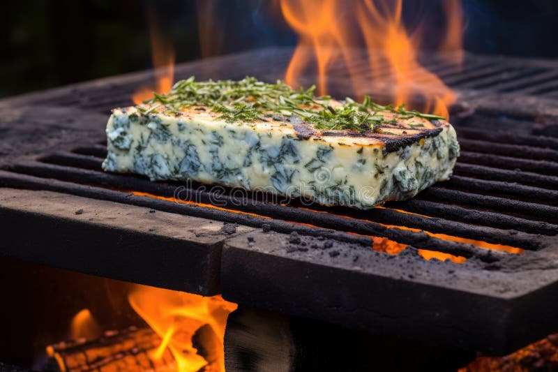 Blue Cheese Sizzling on Cedar Plank Over Charcoal Grill Stock ...