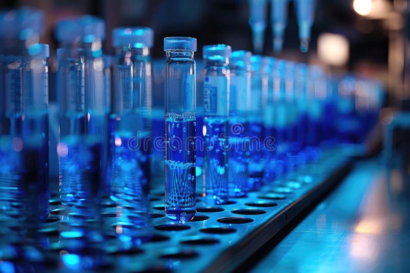 Blue Chemical Test Tubes in a Laboratory Setting Stock Photo - Image of ...