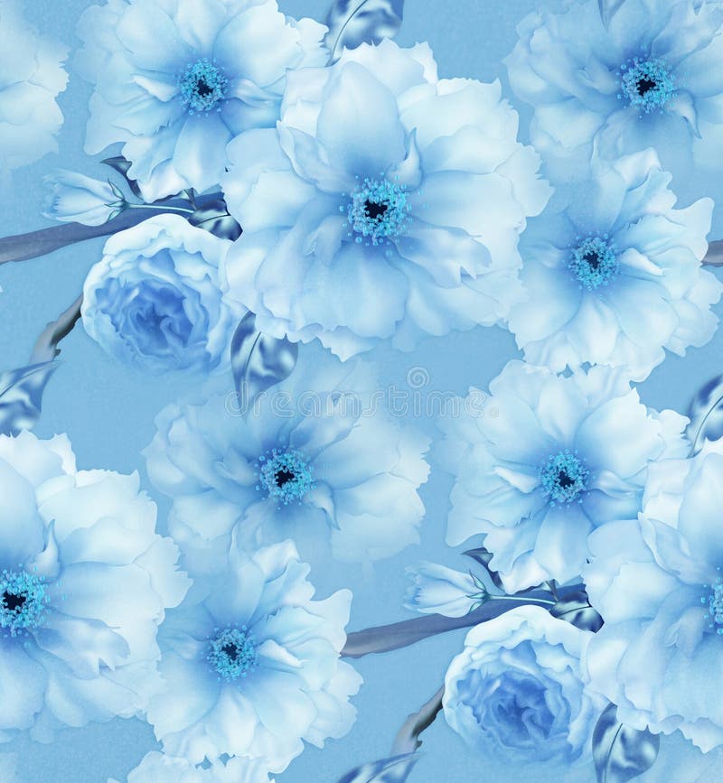Blue Cherry Sakura Flower Floral Blue Digital Art Seamless Pattern ...