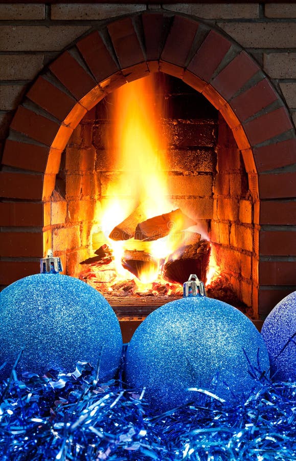 Blue Christmas Balls and Tinsel with Fireplace Stock Image - Image of ...
