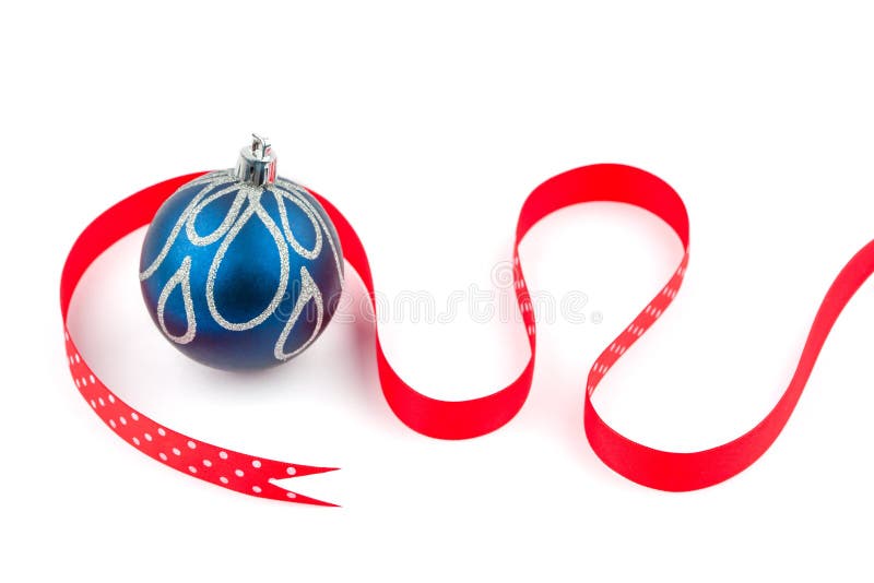 Blue Christmas Bauble and Red Dotted Ribbon Stock Image - Image of ...