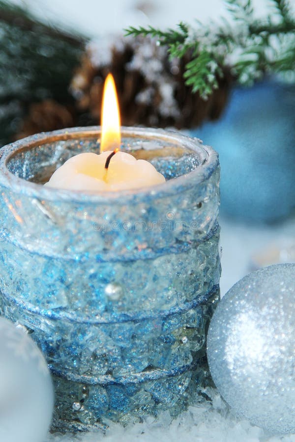 Blue Christmas Decoration with Candle Stock Photo - Image of blur ...