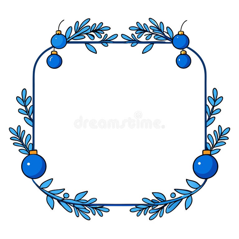Blue Christmas Frame. Blue Xmas Border with Branches. Blue Baubles and ...