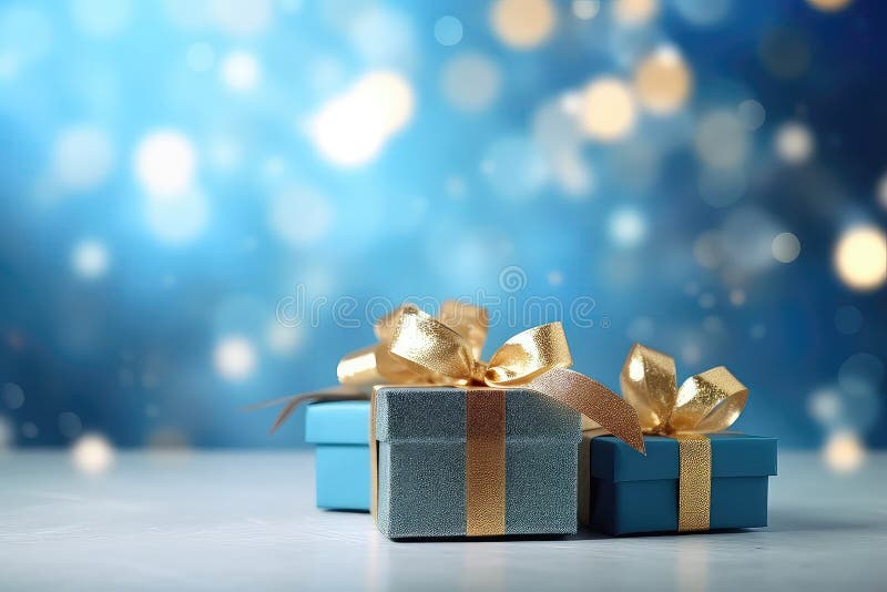 Blue Christmas Gift Boxes with Gold Bow on Blue Defocused Holiday ...