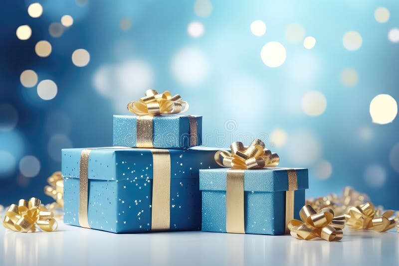 Blue Christmas Gift Boxes with Gold Bow on Blue Defocused Holiday ...