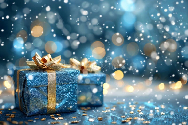Blue Christmas Gift Boxes with Gold Bow on Blue Defocused Holiday ...