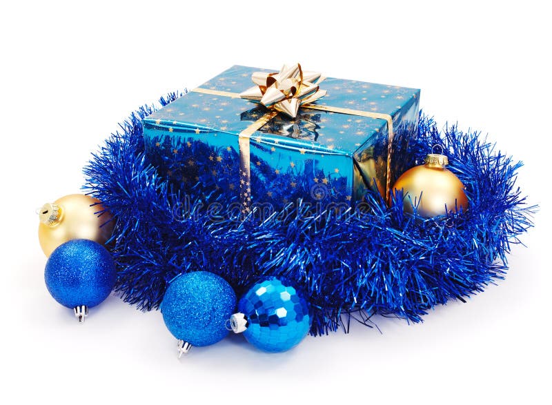 Blue Christmas Gift Surrounded with Blue Garland Stock Image - Image of ...