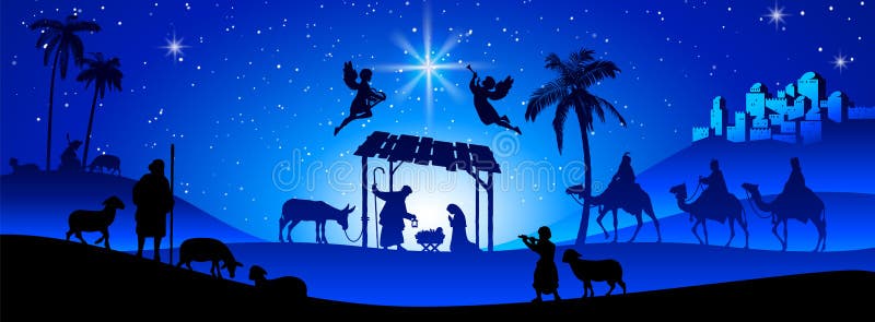 Blue Christmas Nativity Scene Banner Background. Stock Vector ...