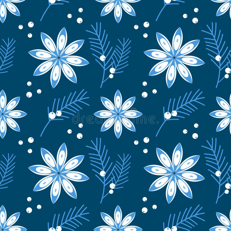 Blue Christmas Pattern with Anise Star, Fir, Juniper Branches with ...