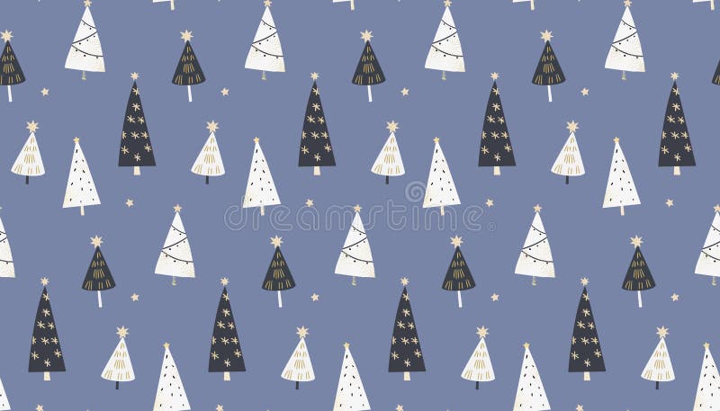 Blue Christmas Pattern, Scandi Simple Trees Texture with Golden Stars ...