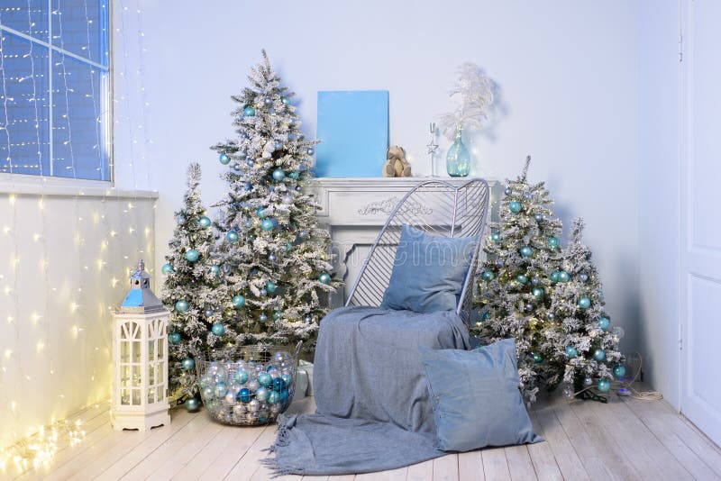 Blue Christmas Tree and Loft Interior Stock Image - Image of season ...