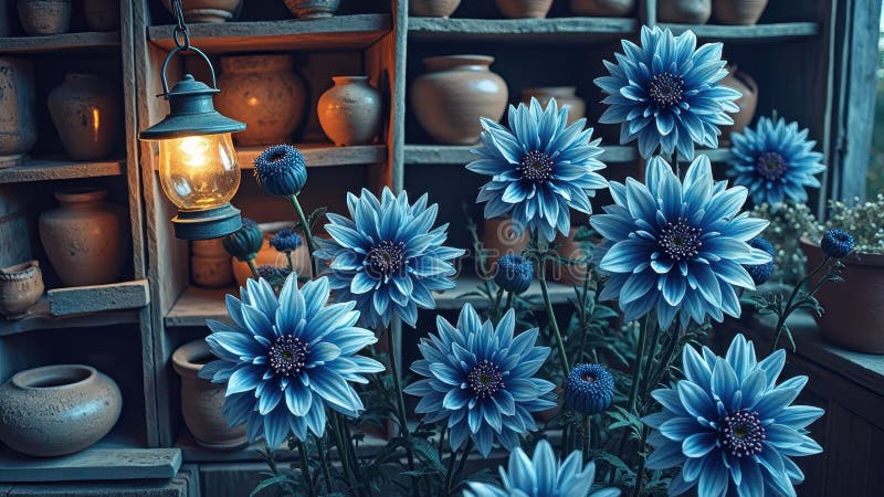 Blue Chrysanthemums in Rustic Pottery Shop Illuminated by Lantern Light ...