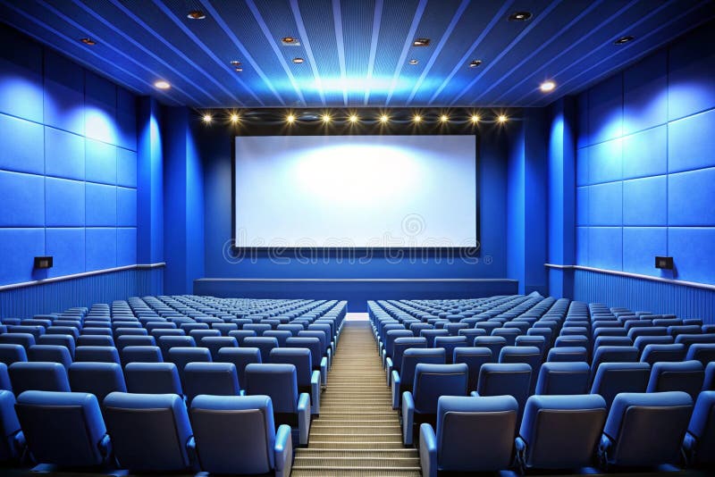 Blue Cinema Hall with Blank Screen Ready for Movie Presentation Stock ...