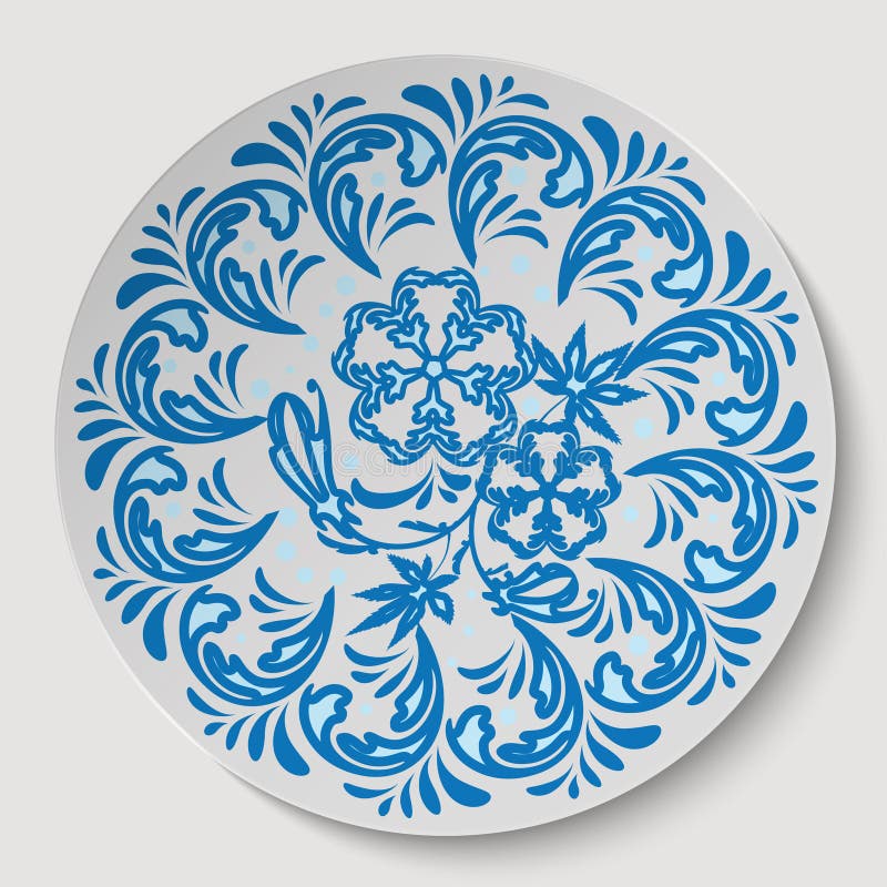 Blue Circle Floral Ornament. Pattern Drawing To the Ceramic Dish Stock ...