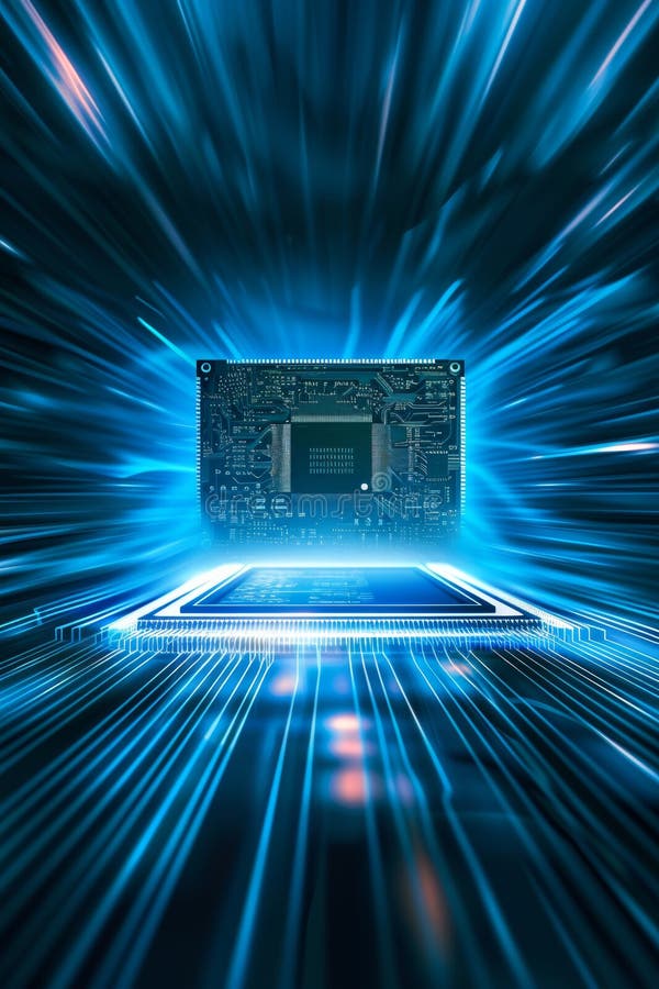 Blue Circuit Board in Abstract Space with Radiant Light Lines for a ...