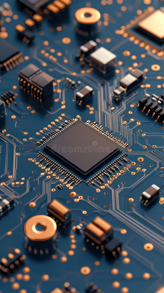 Blue Circuit Board with Central Processing Unit and Electronic Components, Detailed View of ...