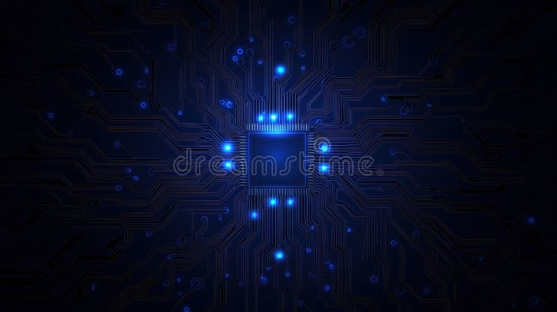 A Blue Circuit Board with a Central Square Chip. Stock Image - Image of ...