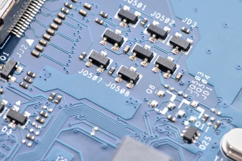 Blue Circuit Board with Electronic Chips Stock Photo - Image of board ...