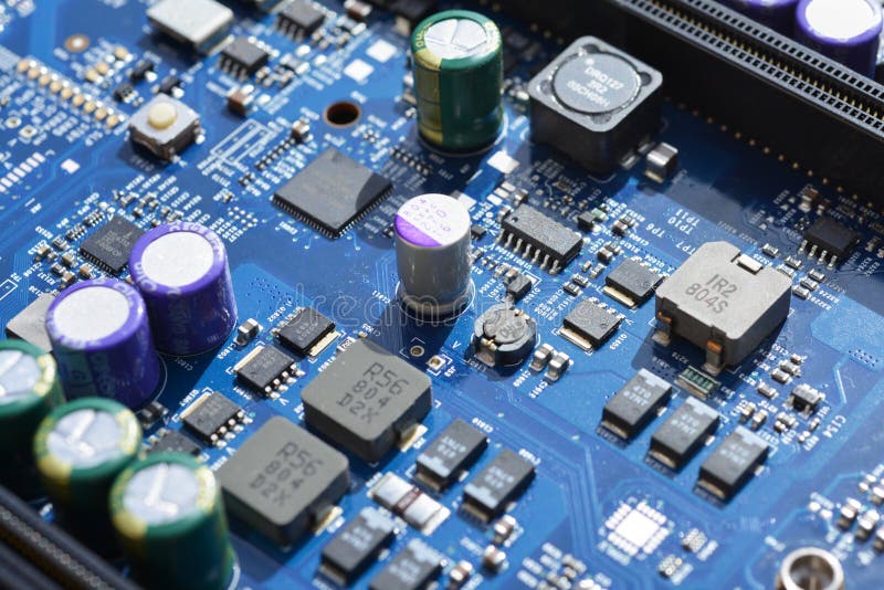 Blue Circuit Board with Electronic Chips Stock Image - Image of digital ...