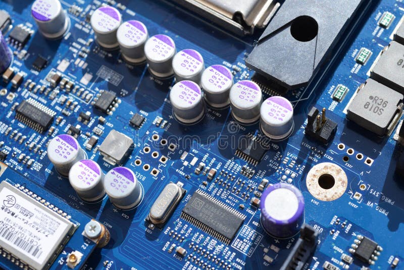 Blue Circuit Board with Electronic Chips Stock Image - Image of digital ...