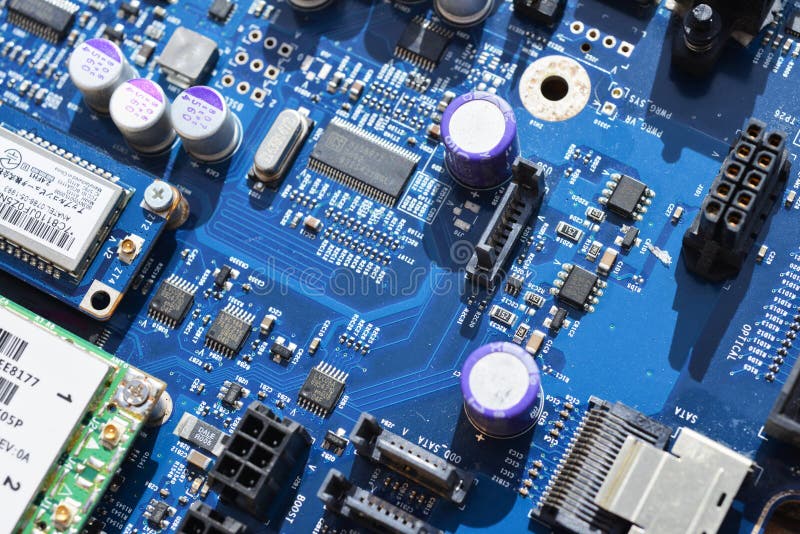 Blue Circuit Board with Electronic Chips Stock Image - Image of digital ...