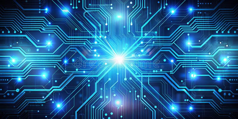 Blue Circuit Board with Glowing Lines and Centered Light Burst ...