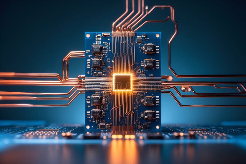 Blue Circuit Board with Glowing Processor and Interconnecting Copper ...
