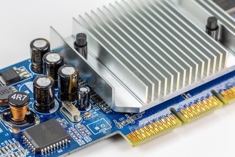 Blue Circuit Board Showing on Board Cooler and Electronic Components ...