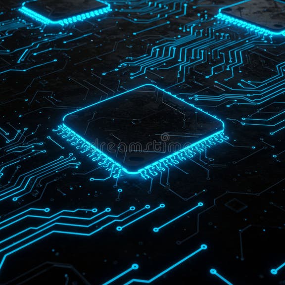 Blue Circuitry Patterns Illuminate a Black Surface, Showcasing an Array ...