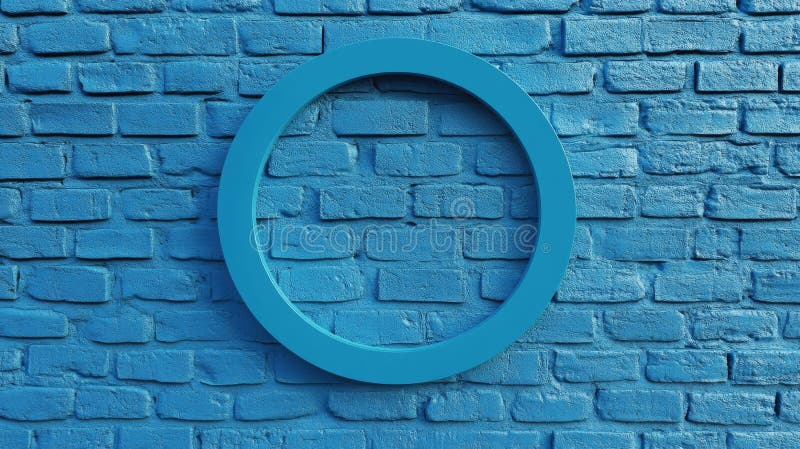 Blue Circular Frame on Blue Brick Wall, Minimalistic Design Concept ...